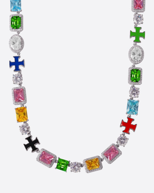 MOISSANITE CROSS & GEMSTONES CHAIN. - WHITE GOLD | Drippy Amsterdam